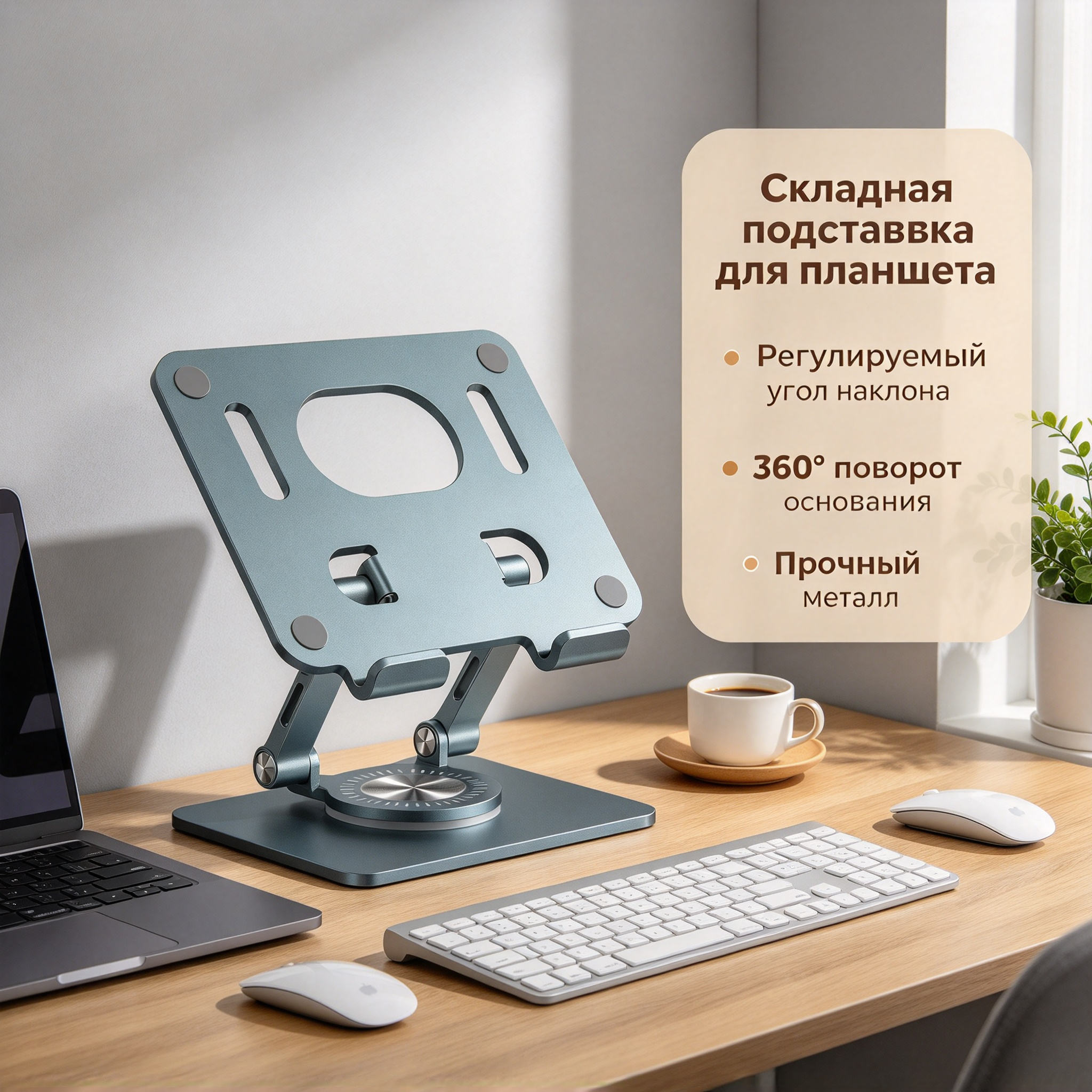Подставка для планшета/телефона настольная, металлическая, складная вращающаяся