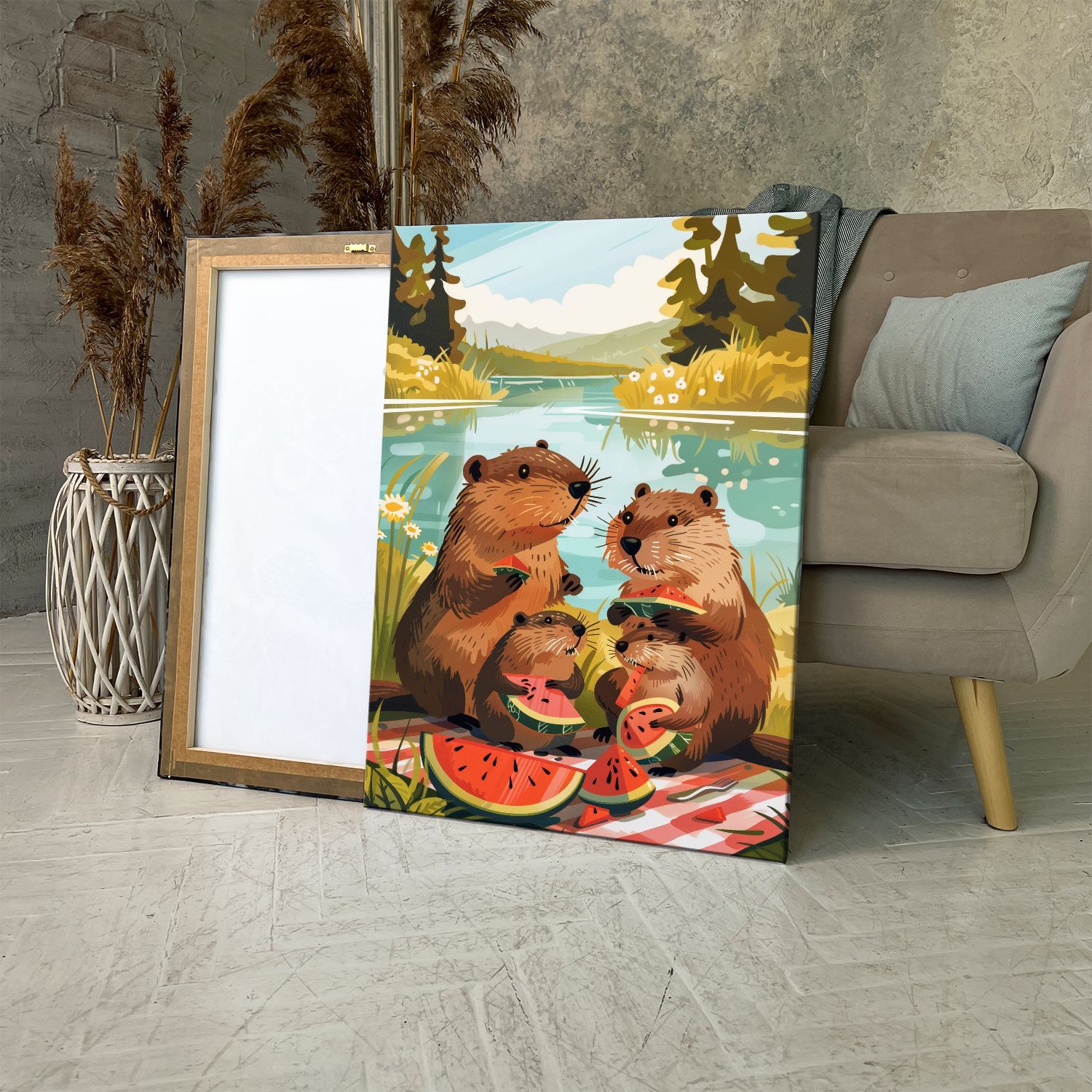 Картина на холсте (Бобры едят арбуз) 30x40 см. Интерьерная, на стену.