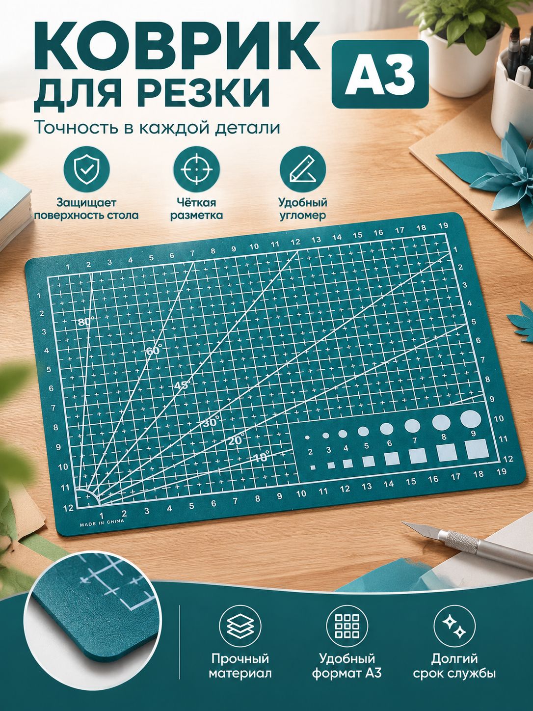 Коврик для резки A3, бирюзовый, с разметкой и угломером