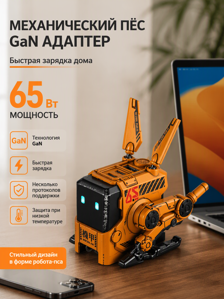 Оранжевый адаптер GaN 65 Вт в форме механического пса, сетевое зарядное устройство для дома