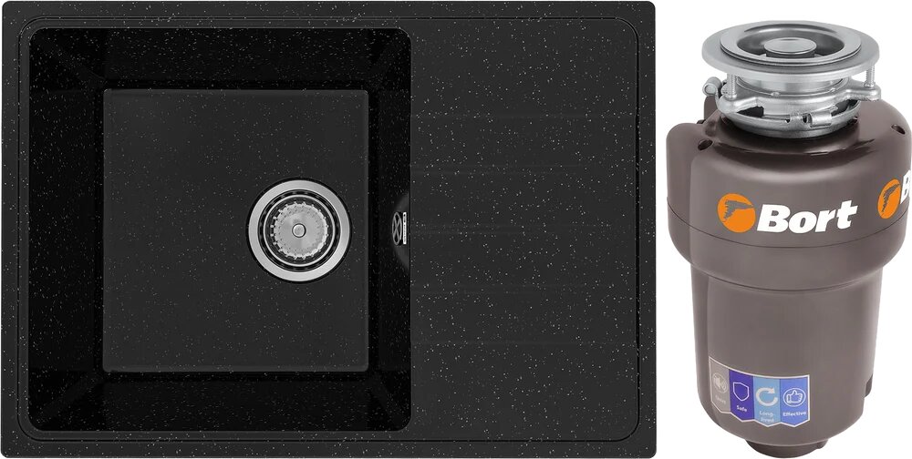 Комплект Мойка Practik PR-M 600-004 60x42, черный оникс, искусственный мрамор / Измельчитель Bort Titan Max Power электрический, нержавеющая сталь, Full Control