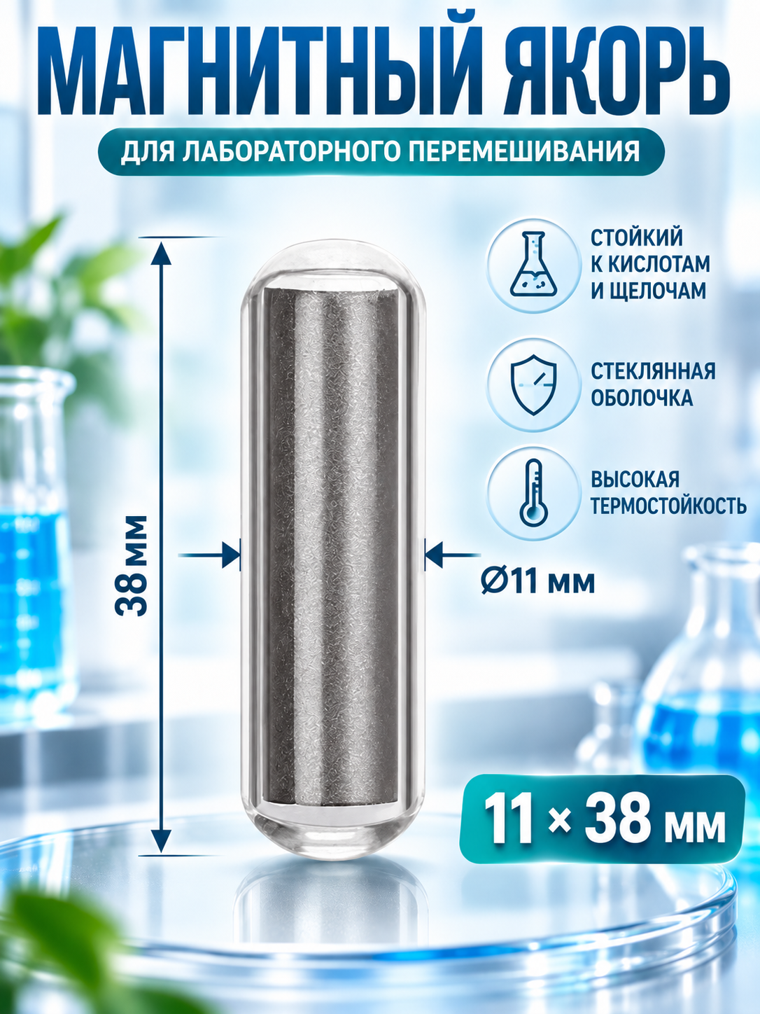 Магнитный якорь для перемешивания растворов размером 14 на 40 мм, химически устойчивый лабораторный аксессуар