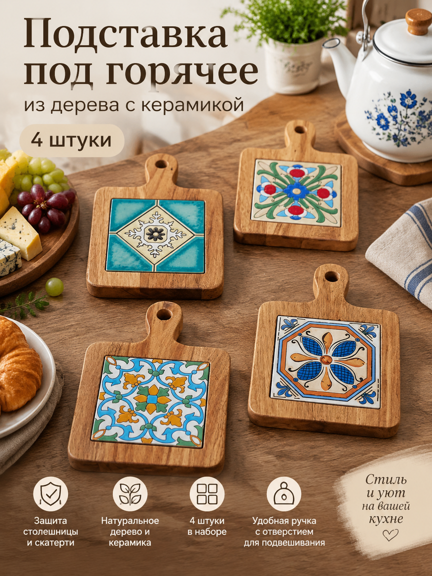 Подставка под горячее квадратная из дерева с керамикой, 4 штуки, 20 на 14 см, с ручкой