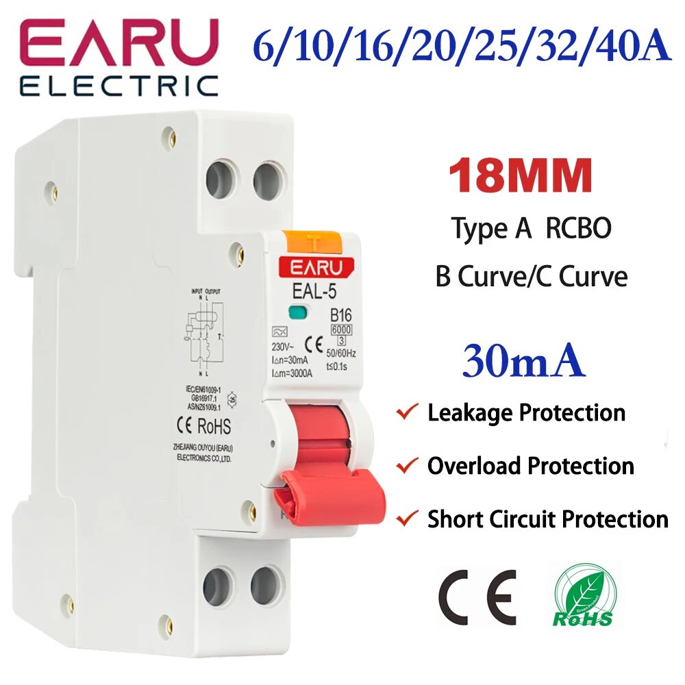 EARU Автоматический выключатель RCBO 1P+N 6A-40A Curve C, 6А