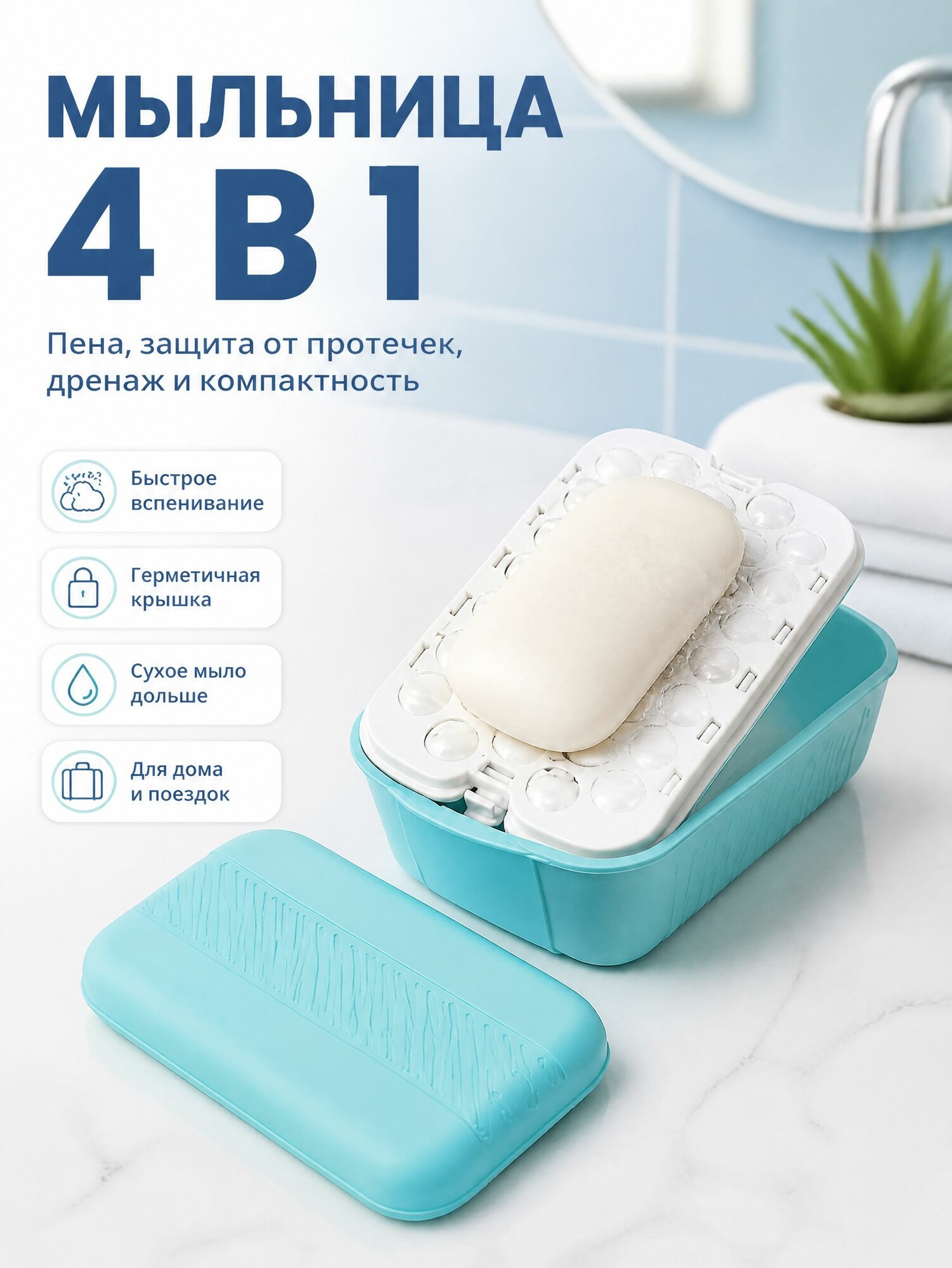 Мыльница "Силиконовая мыльница для стирки с вспенивающей поверхностью и поддоном для слива"