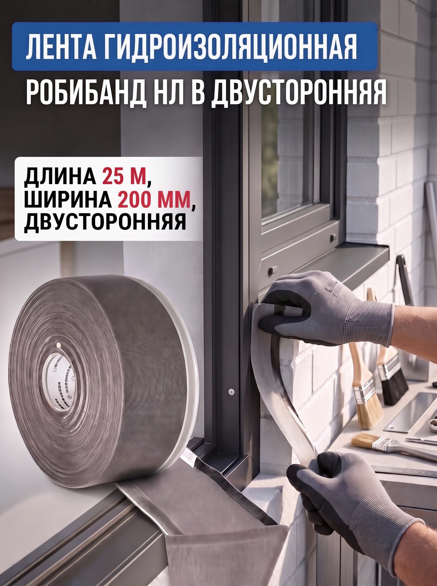 Гидроизоляционная лента наружная для окон и дверей двусторонняя Робибанд НЛ В 200 мм * 25 м самоклеящаяся диффузионная монтажная