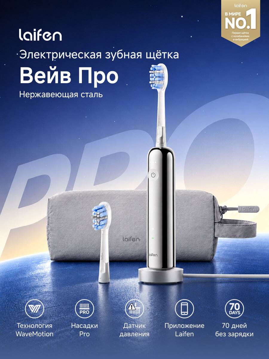 Электрическая зубная щетка Wave Pro, профессиональная, с насадками, отбеливание, 66000v, серый металлик