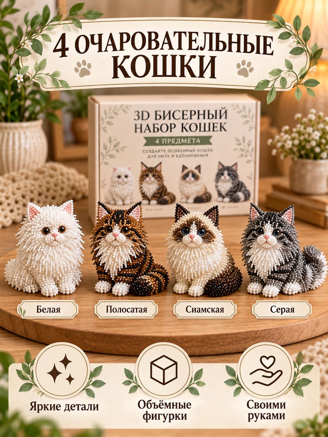 Набор для творчества 3D фигурки из бисера, дизайн "Кошка вариант 1", DIY, требуется самостоятельная сборка