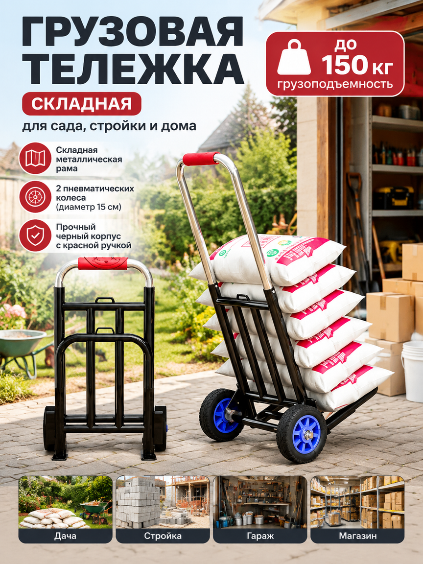 Тележка складная грузовая 150 кг с пневматическими колесами, для сада и стройки, 2 колеса