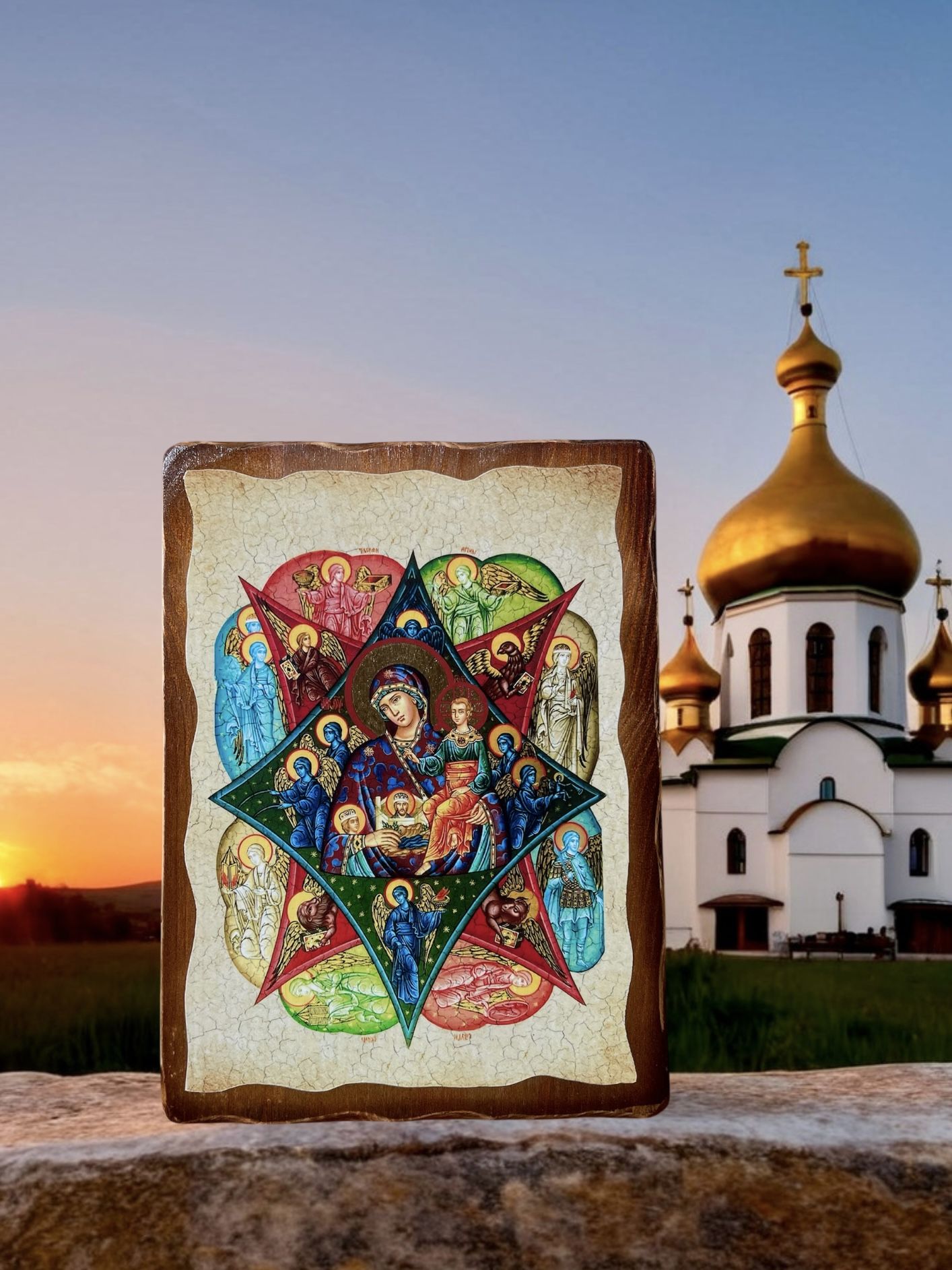 Освящённая православная Икона под старину на состаренном дереве Неопалимая Купина 23х17 см