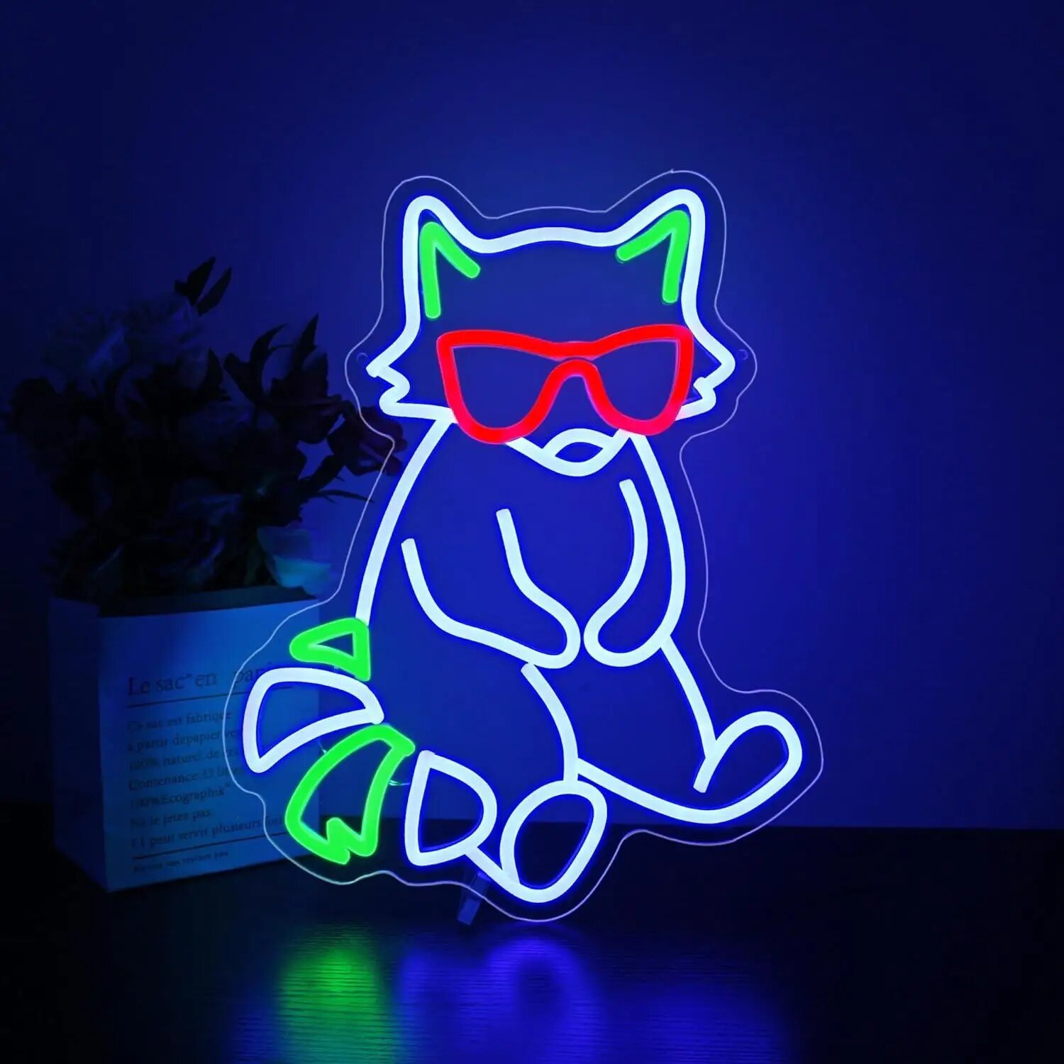 Неоновая вывеска Енот в очках LED настенный светильник USB, разноцветный декор стены для детской и молодежной комнаты, фигурный световой знак