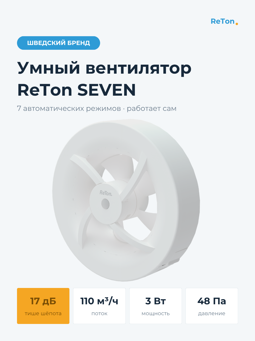 Шведский тихий многофункциональный 7в1 вентилятор Reton SEVEN, D100мм, белый матовый (от Volution group, производящей Pax Norte)