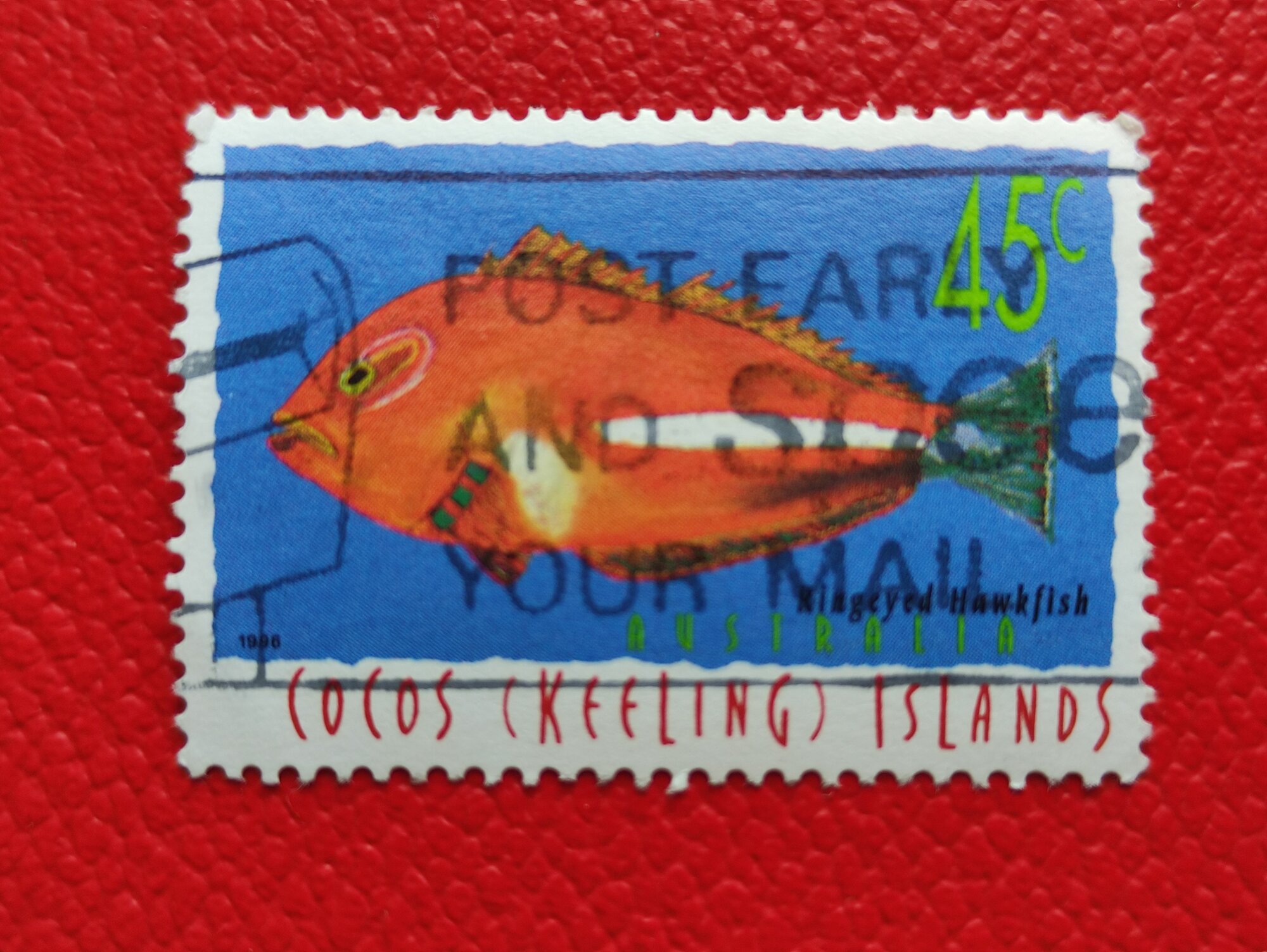 Марки Кокосовые острова 1996. Рыбы: "Paracirrhites arcatus". Редкость. Гашение. MNH - См фото