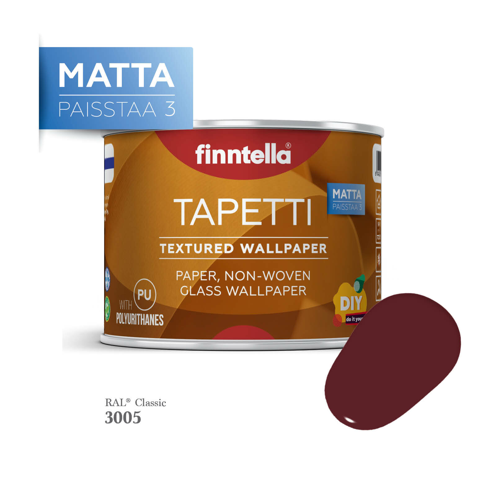 Матовая краска для обоев под окраску TAPETTI Matta FINNTELLA, Цвет RAL 3005 Винно-красный (Wine red), 0,45л