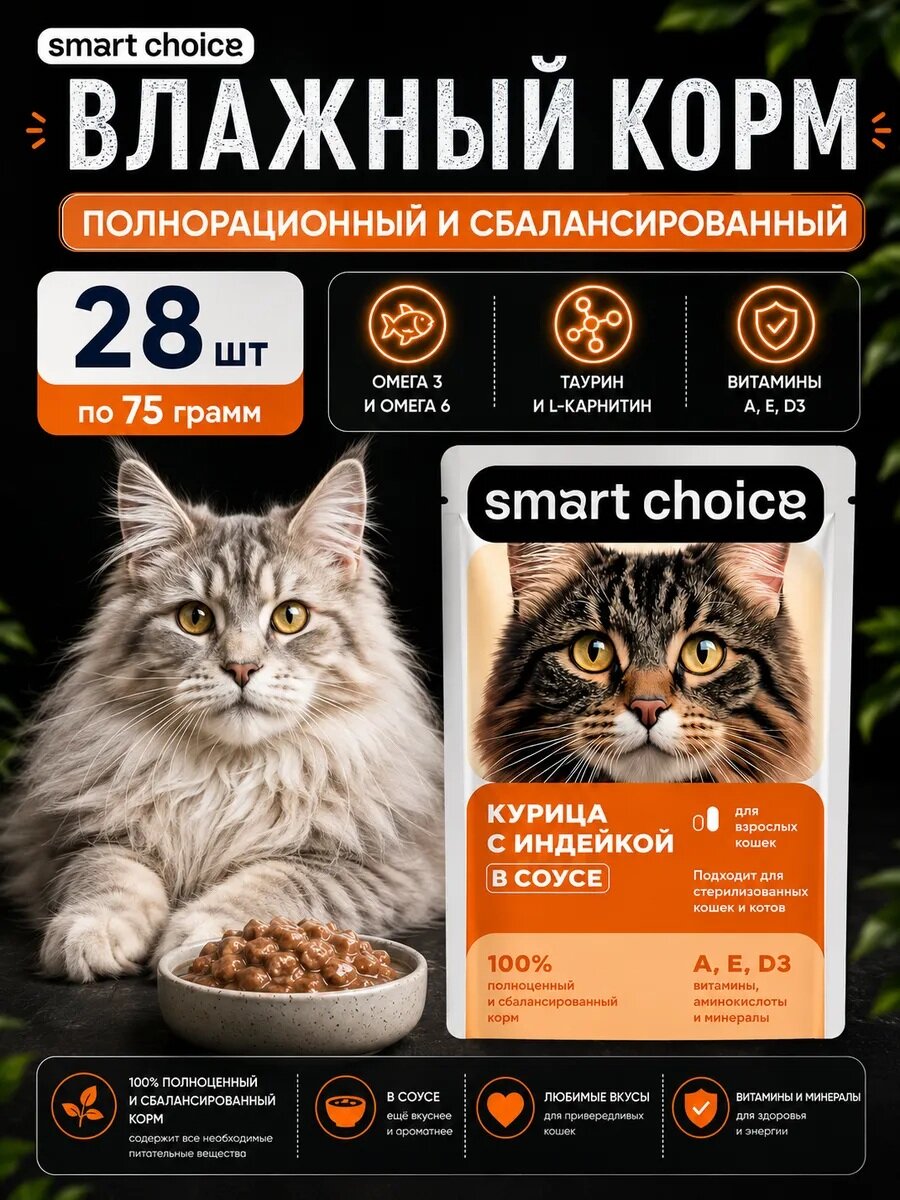 Корм для кошек влажный Курица с индейкой в соусе 28 шт
