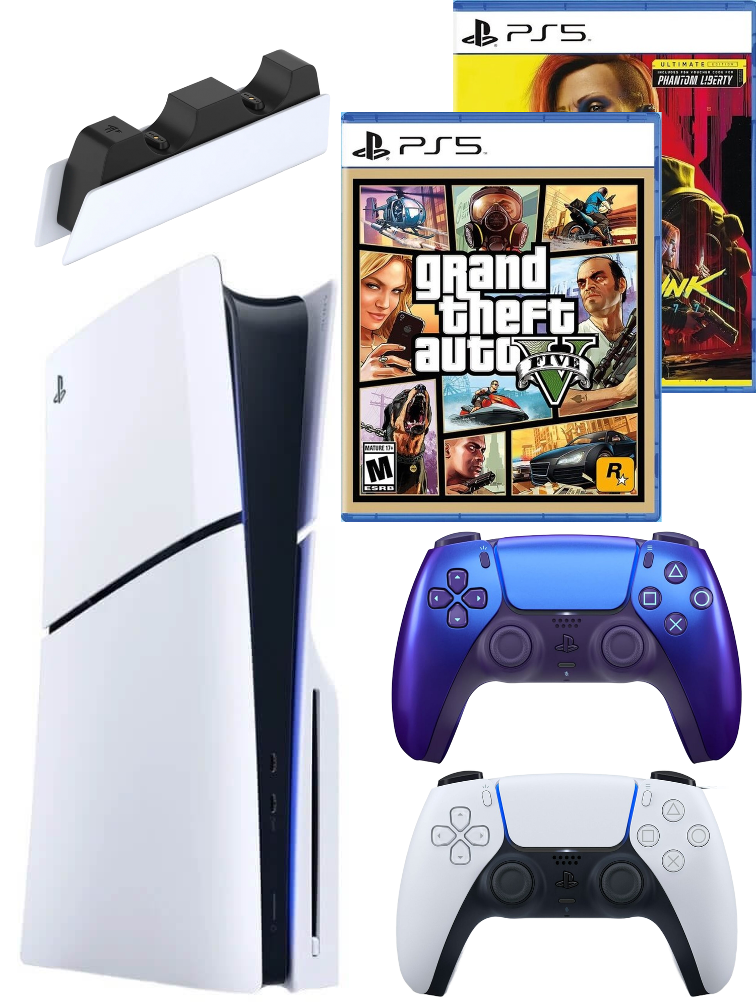 Игровая приставка Sony PS 5 Slim, 1ТБ(с дисководом)+2 геймпад+Зарядная станция+2 игры (GTA5 , Cyberpunk 2077)