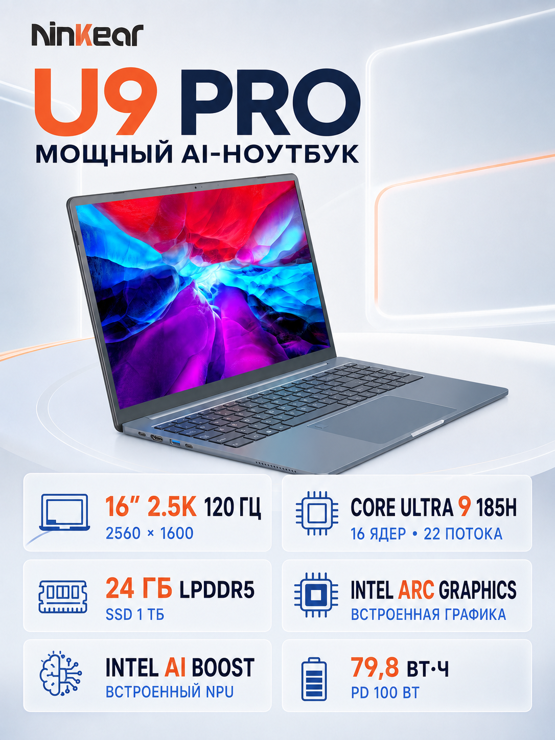 Ninkear Ноутбук Ninkear U9 Pro 16″, Intel Core Ultra 9 185H, 24 ГБ, SSD 1 ТБ, 2.5K 120 Гц, Windows 11, серебристо-серый