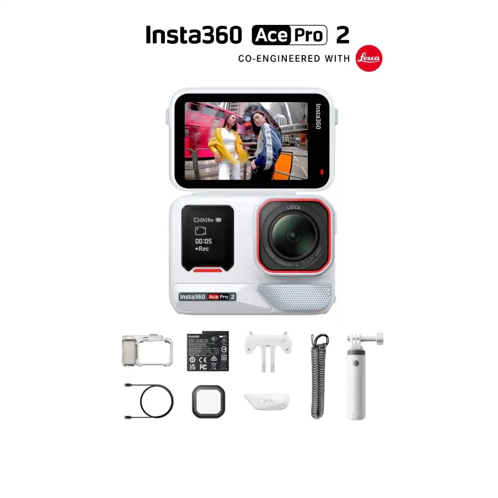 Экшн камера Insta360 Ace Pro 2, All-Day Bundle, разрешение 8K, сенсор 50Мп, влагозащита, Белый