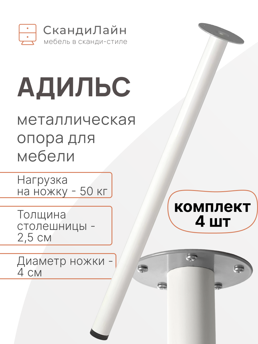 Ножка-опора для стола кухонного 70 см адильс (ADILS), белая, 4 шт.