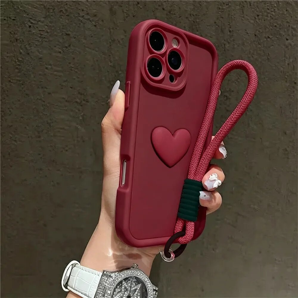 Чехол для телефона с 3D-сердечками для Xiaomi Redmi Note 13 Pro Plus 11S 10S 9S 12 11 10 9 8, с ремешком на руку, матовый, из мягкого силикона