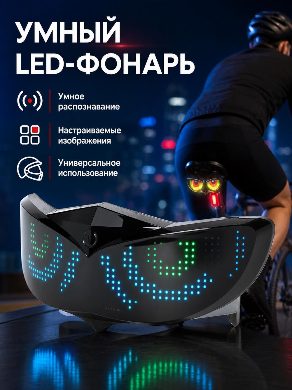 Фонарь для велосипеда, с креплением на мотоциклетный шлем, черный, LED