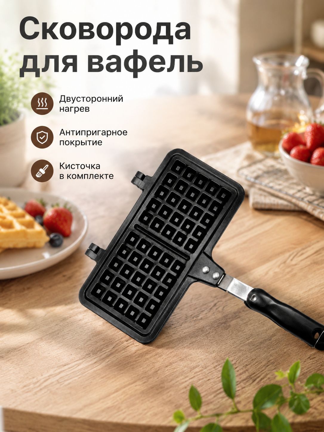 Вафельница для плиты, 21x33 см, чёрная, с антипригарным покрытием и силиконовыми кистями