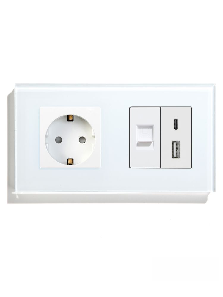 Розетка с комп RJ-45 /USB+TYPE-C(20W), интернет розетка CAT5+USB+TYPE-C, рамка стекло Белый