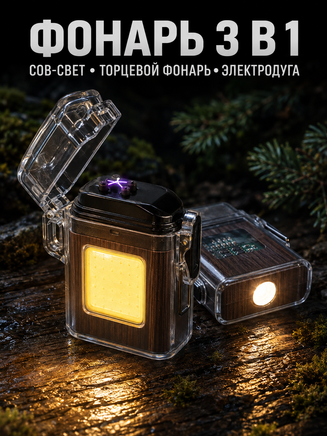 Зажигалка-фонарик "Без газа" 2в1, Электродуговая, с type-c -зарядкой, с индикацией заряда, серебристая