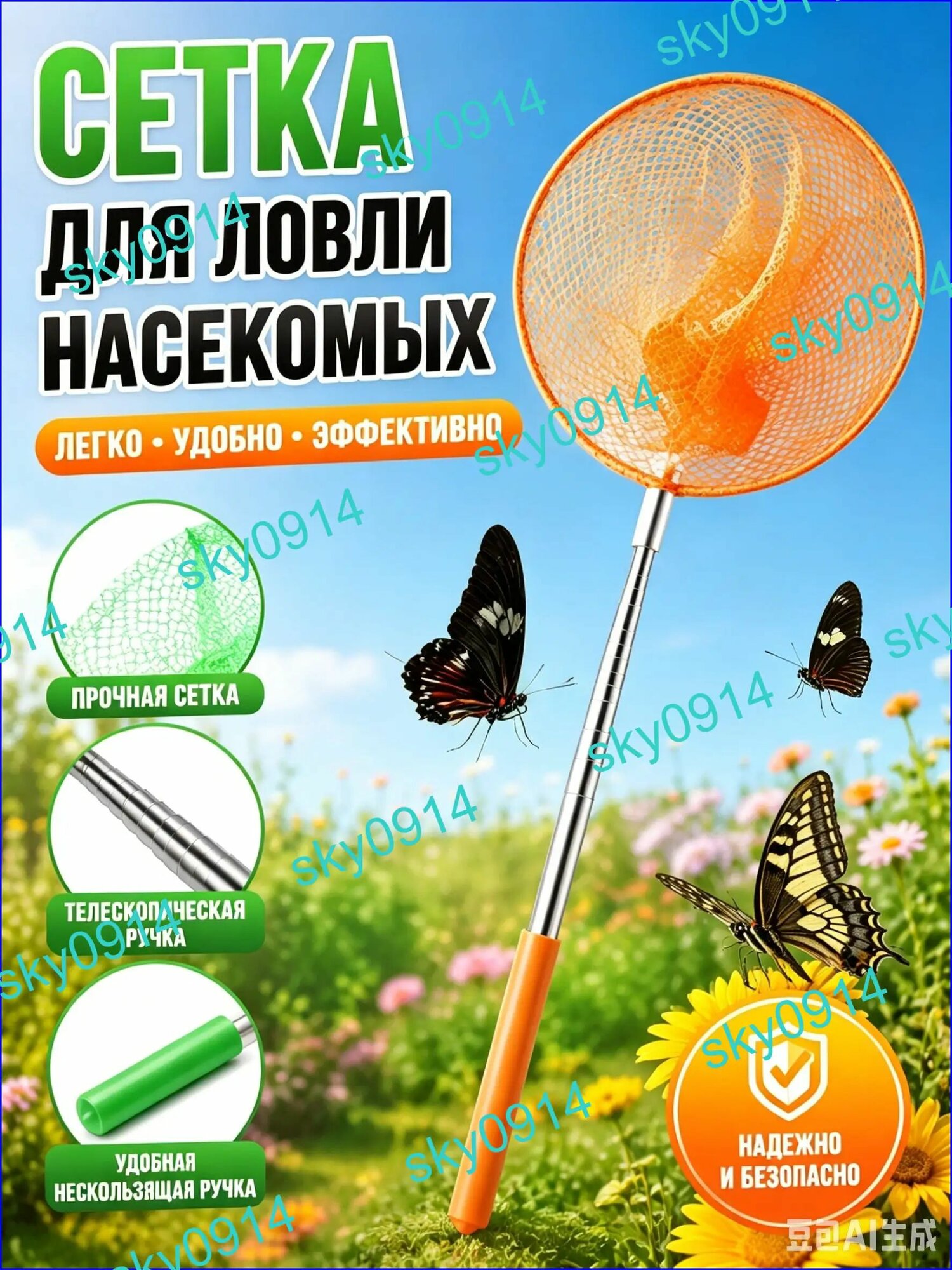 Телескопический сачок для ловли бабочек и насекомых FUN0569, синий, длина 36 см, для подвижных игр дома