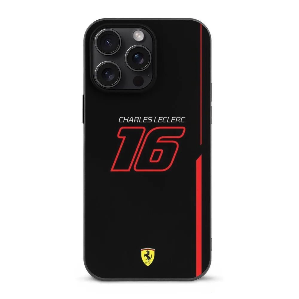 Чехол для iPhone с личным символом гонщика F1 Шарль Леклер №16 и логотипом Феррари с атмосферой Формулы 1&iPhone 15 Pro Max Чехол для смартфона
