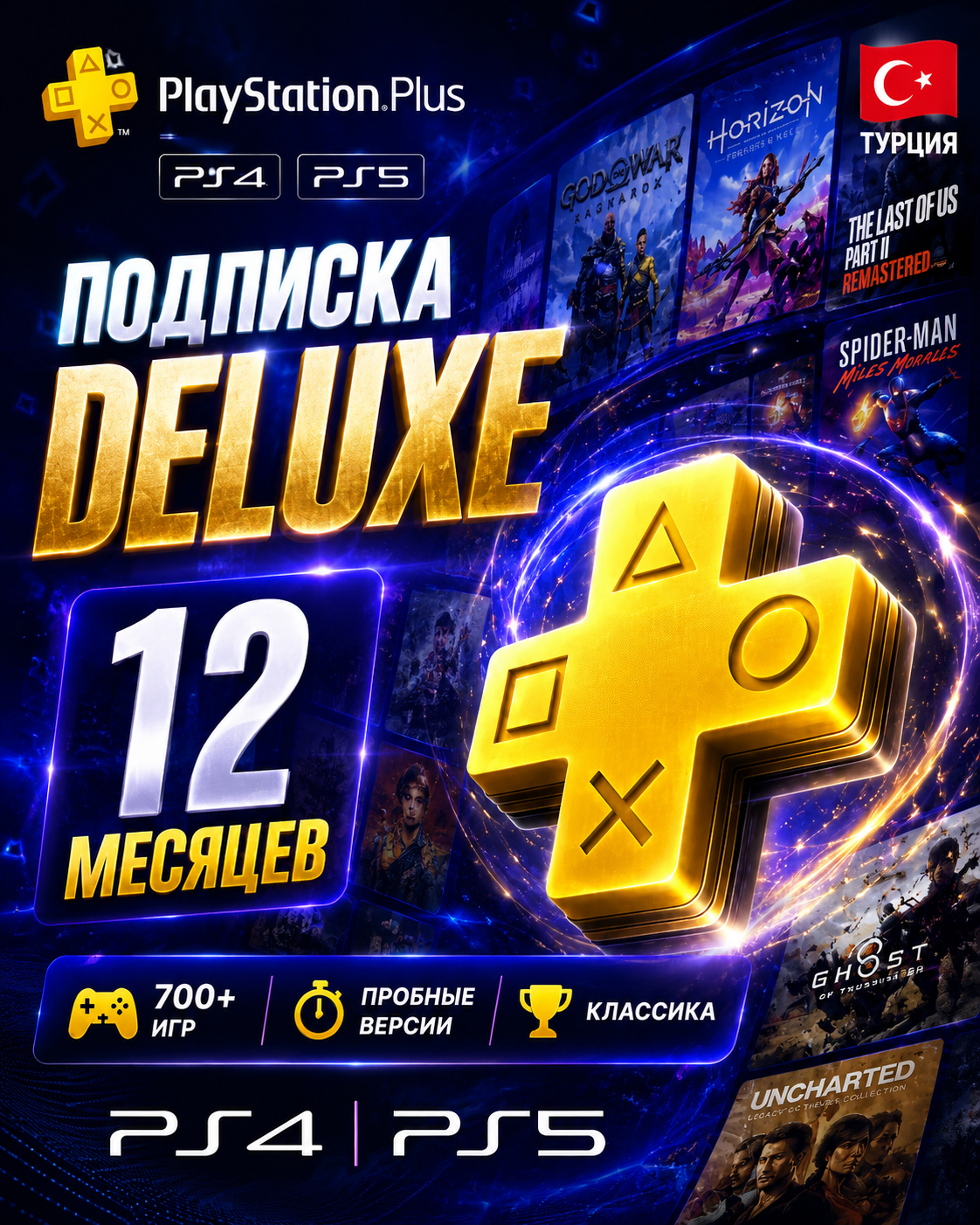 Подписка PS Plus 12 месяцев Deluxe Турция (Новый профиль в подарок)
