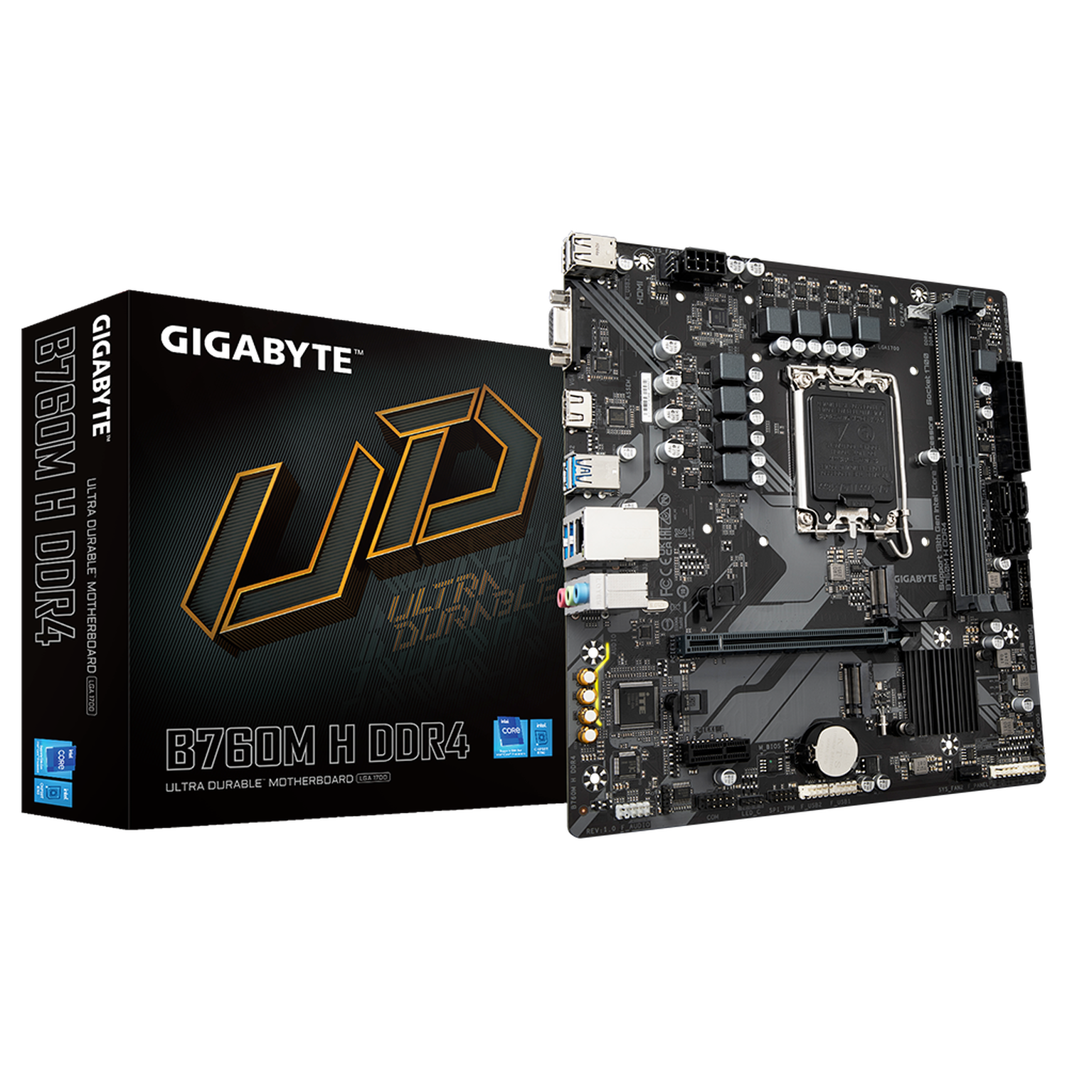 Материнская плата GIGABYTE B760M H DDR4 (LGA1700/B760/2xDDR4/PCI-Ex16/2xM.2/SB7.1/GLAN/HDMI/VGA/mATX)