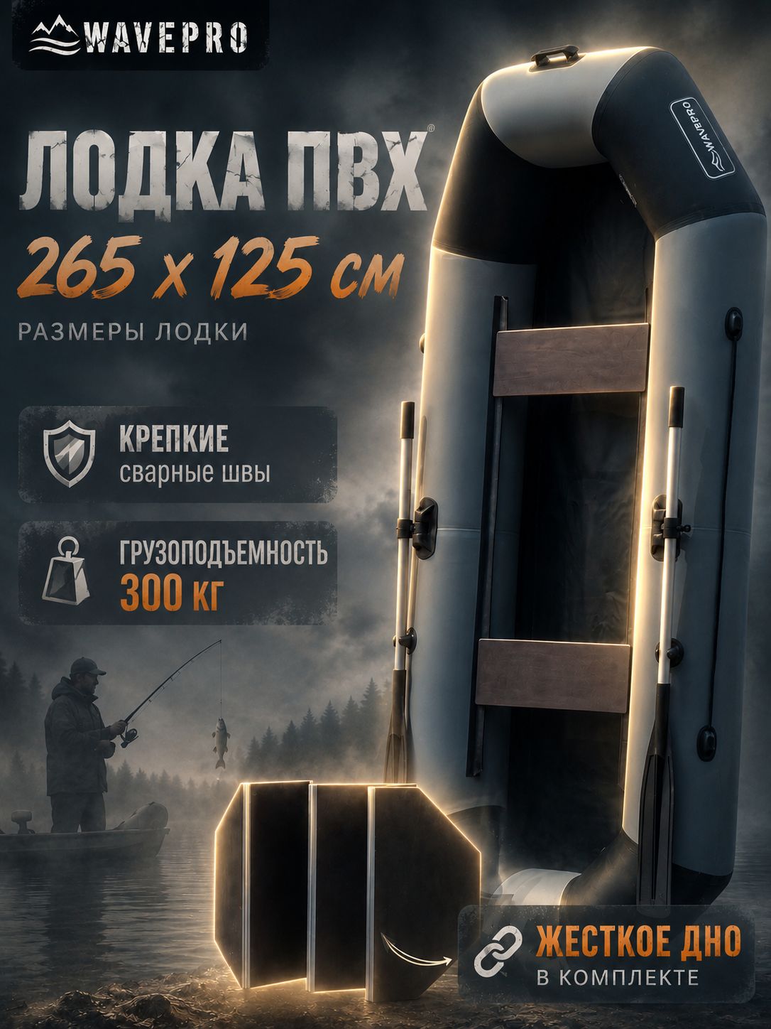 WavePro Лодка ПВХ надувная для рыбалки + сплошной пол 265 см, серый