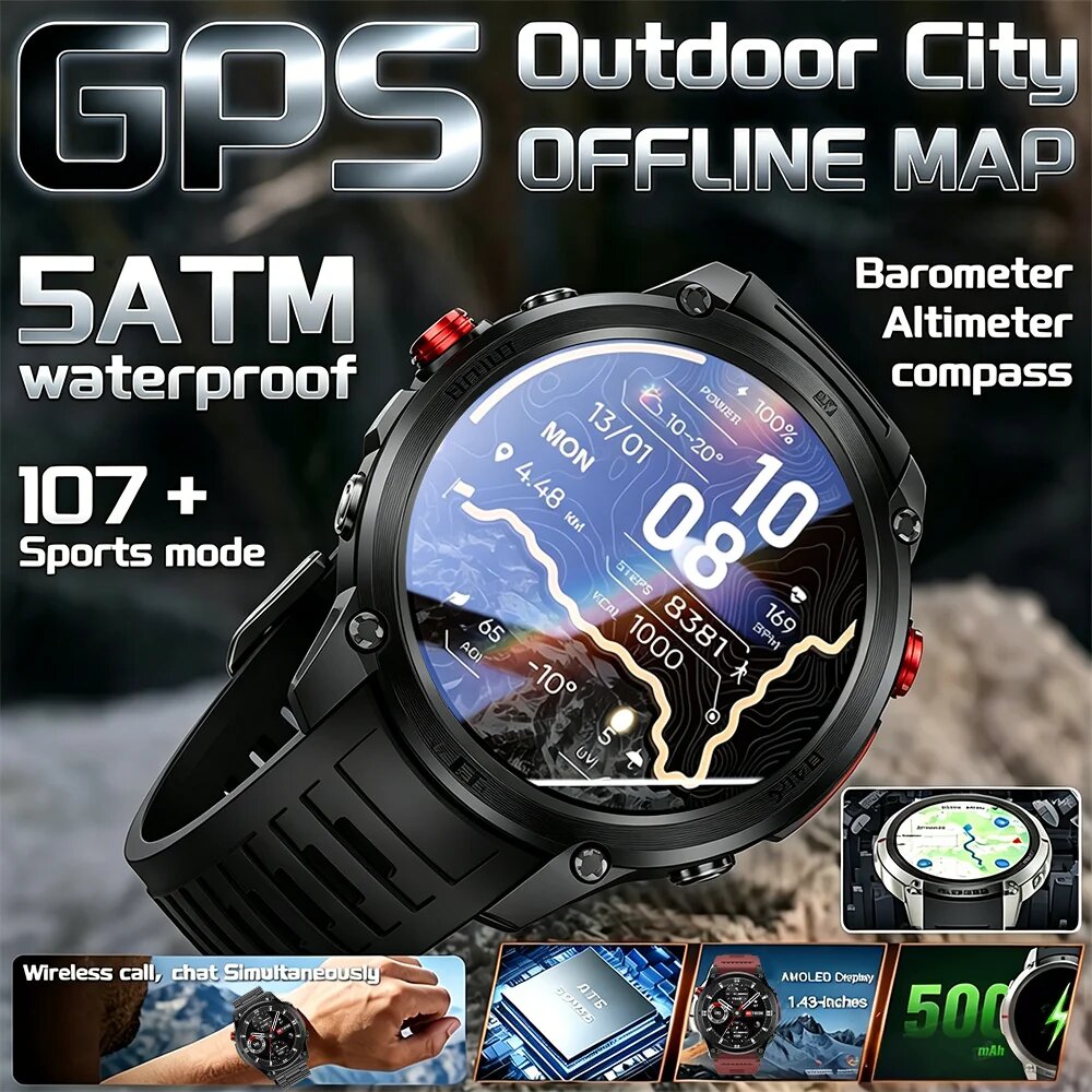 Smartwatch GPS 10ATM AMOLED 1.46" Bluetooth Call для активного отдыха Red silicone