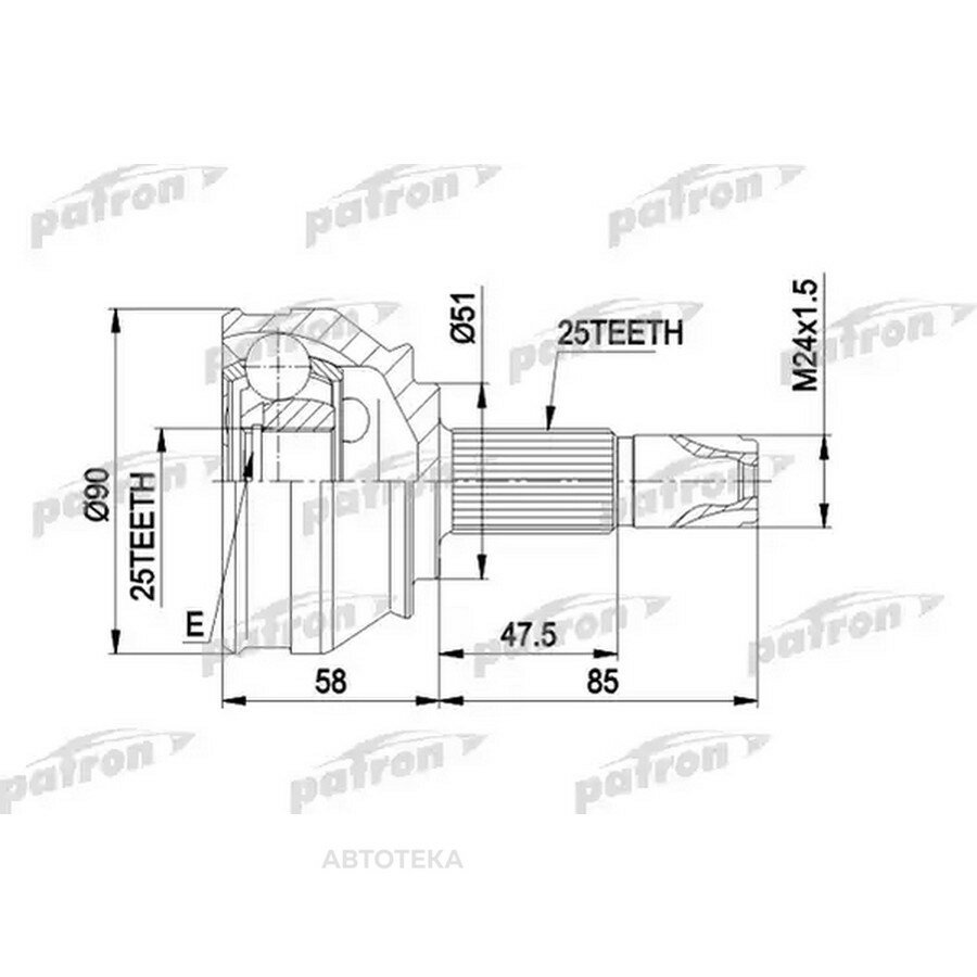 ШРУС наружн к-кт 25x51x25 ALFA ROMEO:147 1.6/2.0 01- FIAT: BARCHETTA 1.8 16v (CH.-No. 0043319-)05/99- BRAVA/O 1.9JTD 12/98-10/01 PUNTO 1.8HGT(130 hp)09/ PATRON PCV1258