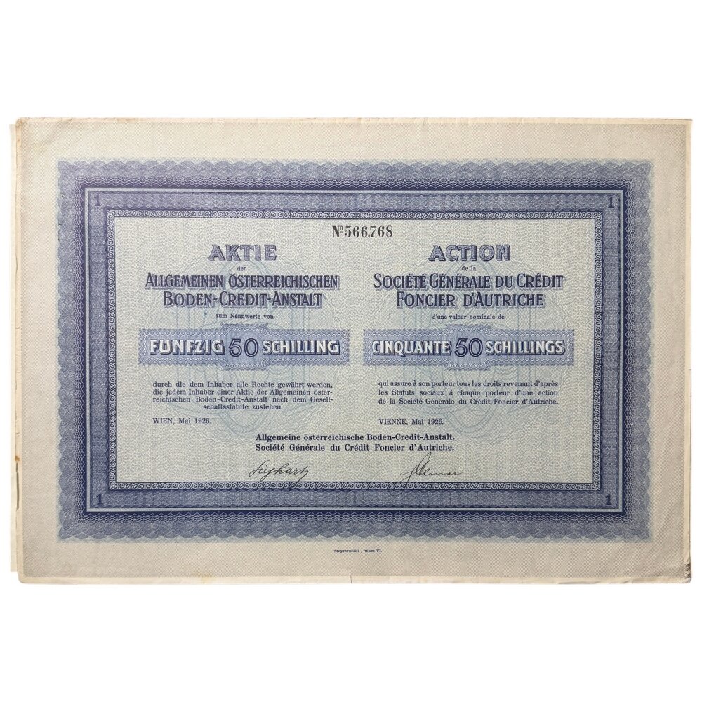 Австрия, Societe Generale du Credit Foncier Autriche, сертификат на 1 акцию 1926 г.