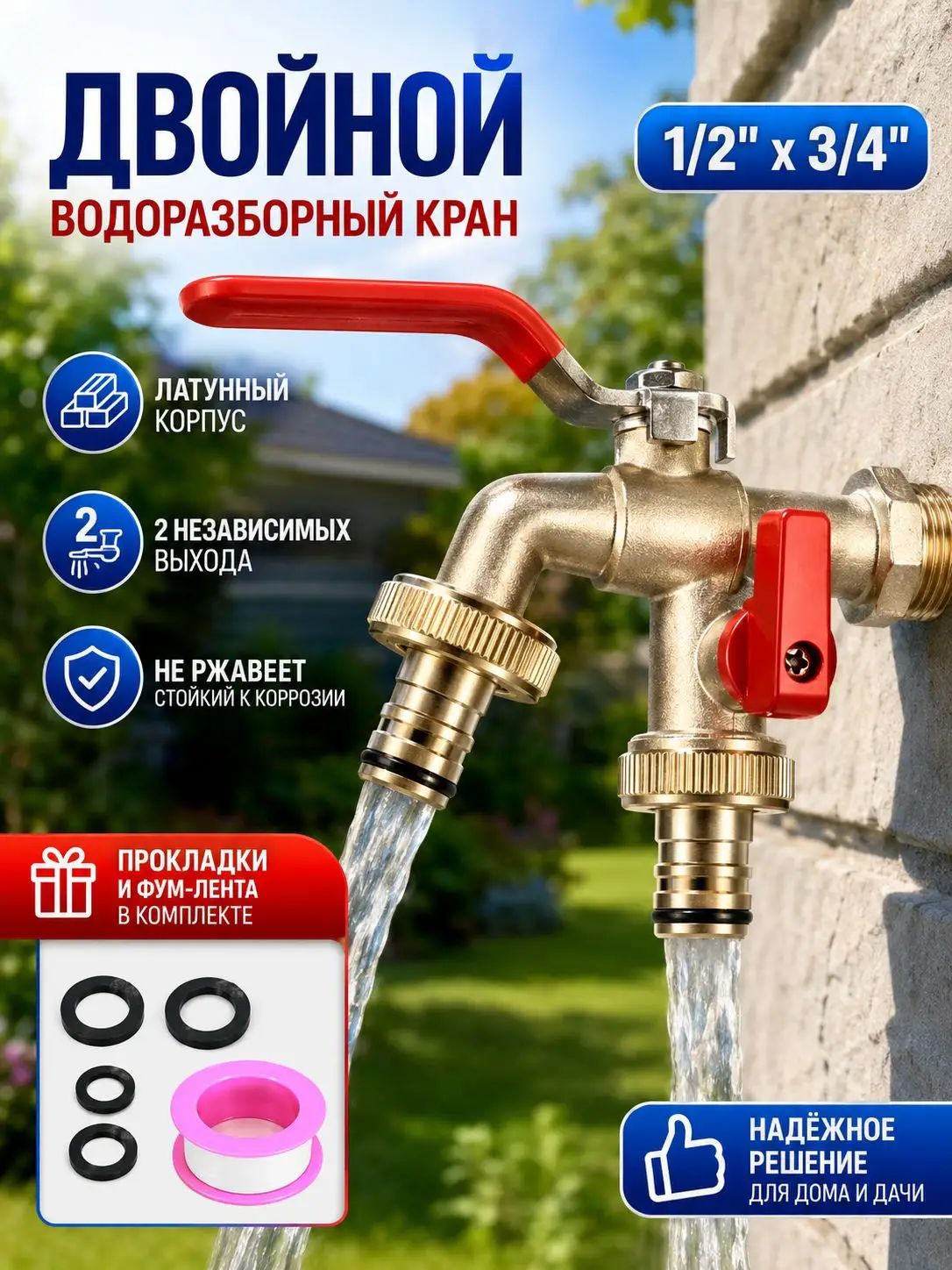 Кран водоразборный шаровый универсальный двойной латунный - 1/2"-ml