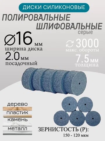 Диски шлифовальные/полировальные Tornadotool d 16х7.5х2 мм 5 шт. — P150 (серый)