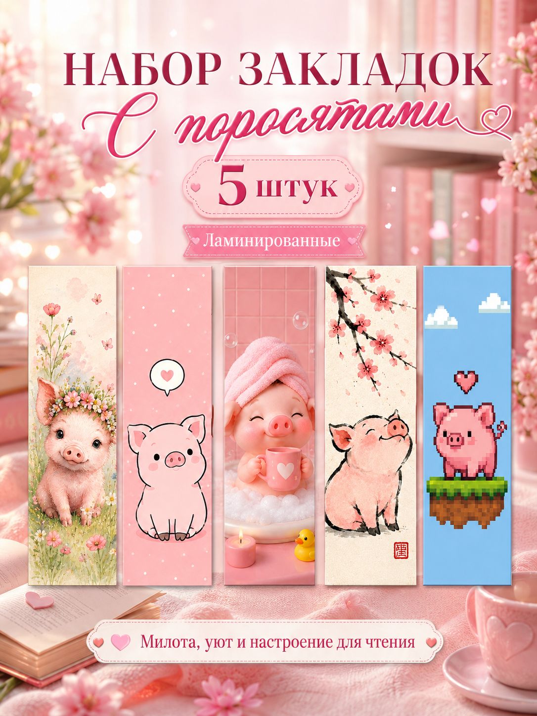 Набор из 5 закладок для книг. Поросята