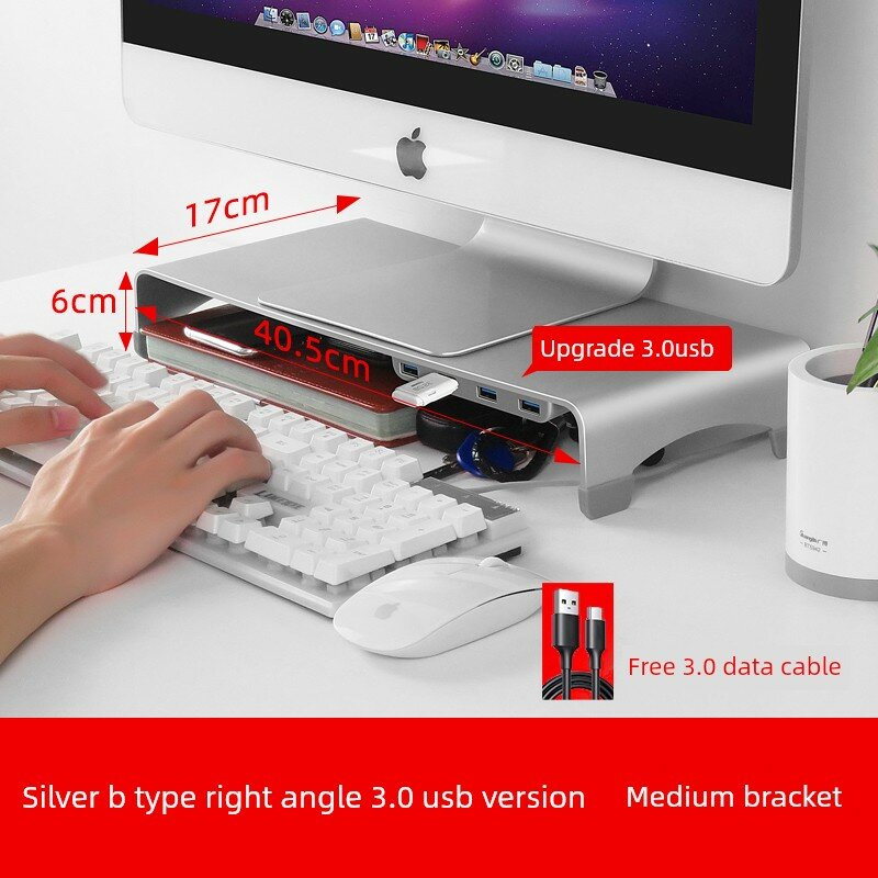 Серебристая подставка для монитора с USB 3.0 и прямоугольной формой для рабочего стола, металлическая рама с портом для