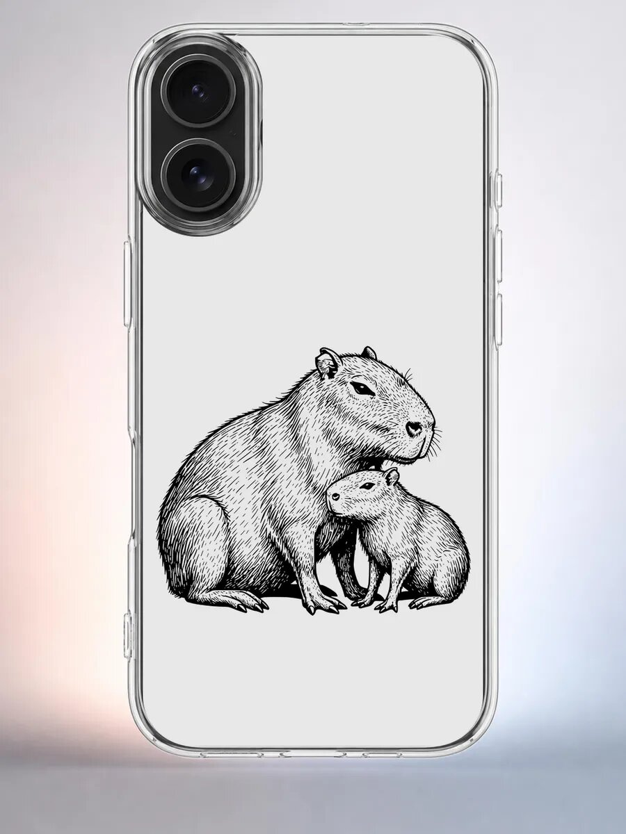 Чехол iPhone 16 капибара с детёнышем штрих силиконовый