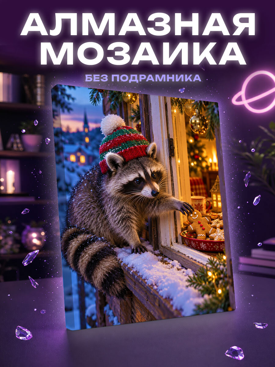 Алмазная мозаика Енот и новогодняя пряничная кража