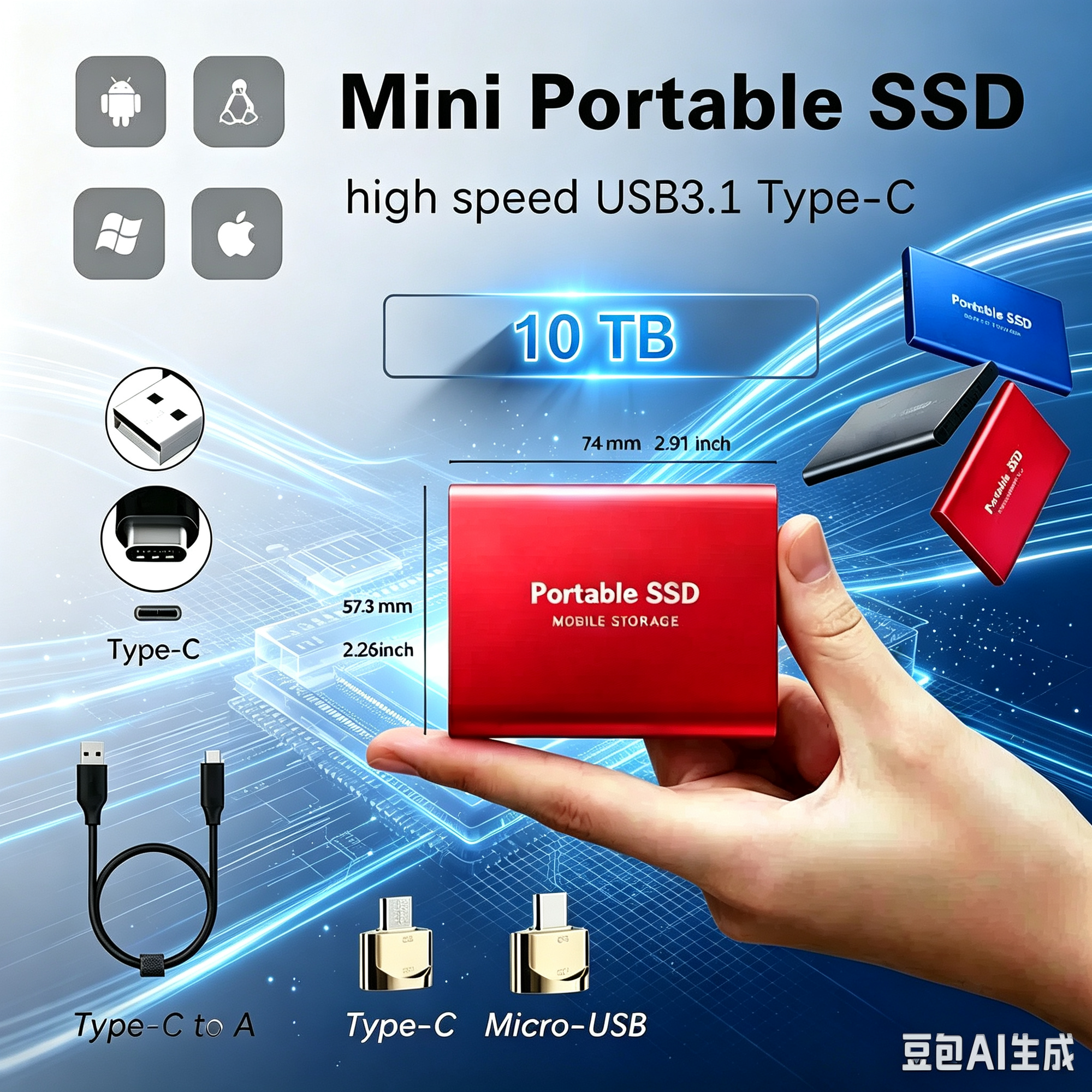 Внешний портативный SSD диск 10ТБ USB 3.1 Type-C, скорость чтения/записи до 1050 МБ/с, мобильный накопитель красный
