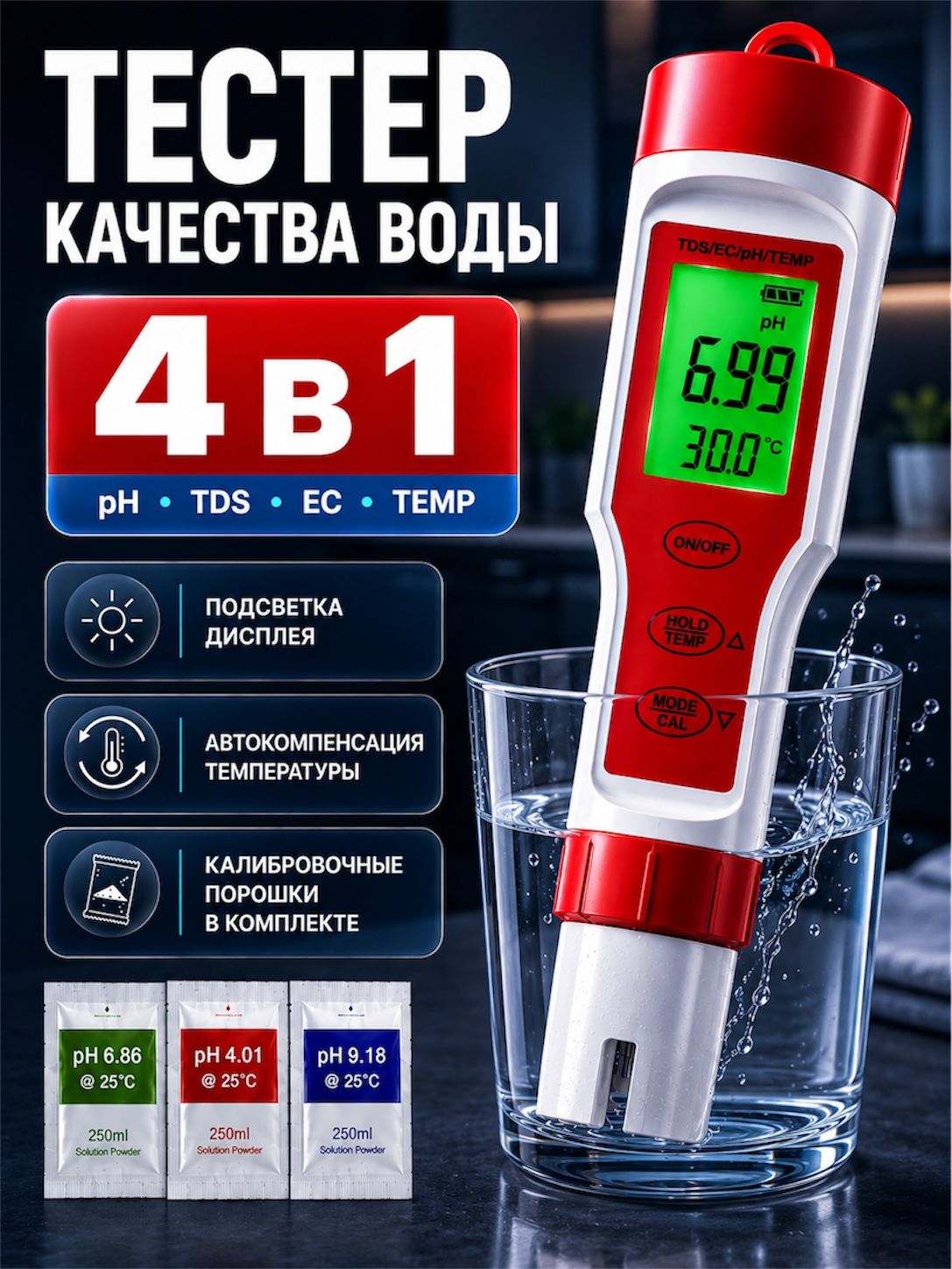 Тестер качества воды 4 в 1 PH метр, TDS, EC, измеритель качественных параметров воды ОВП, PH, TDS - метр, солемер, термометр.