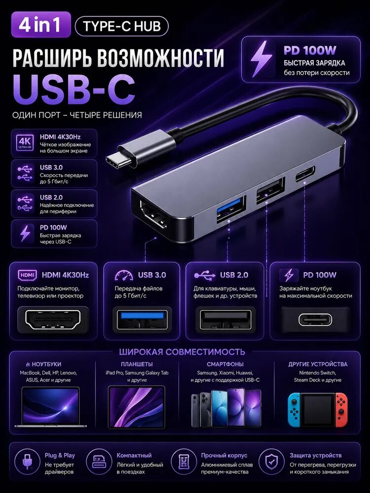 Разветвитель usb-с HDMI 4K@30Hz USB-A 3.0-2.0 type-c PD 85W hub 4в1