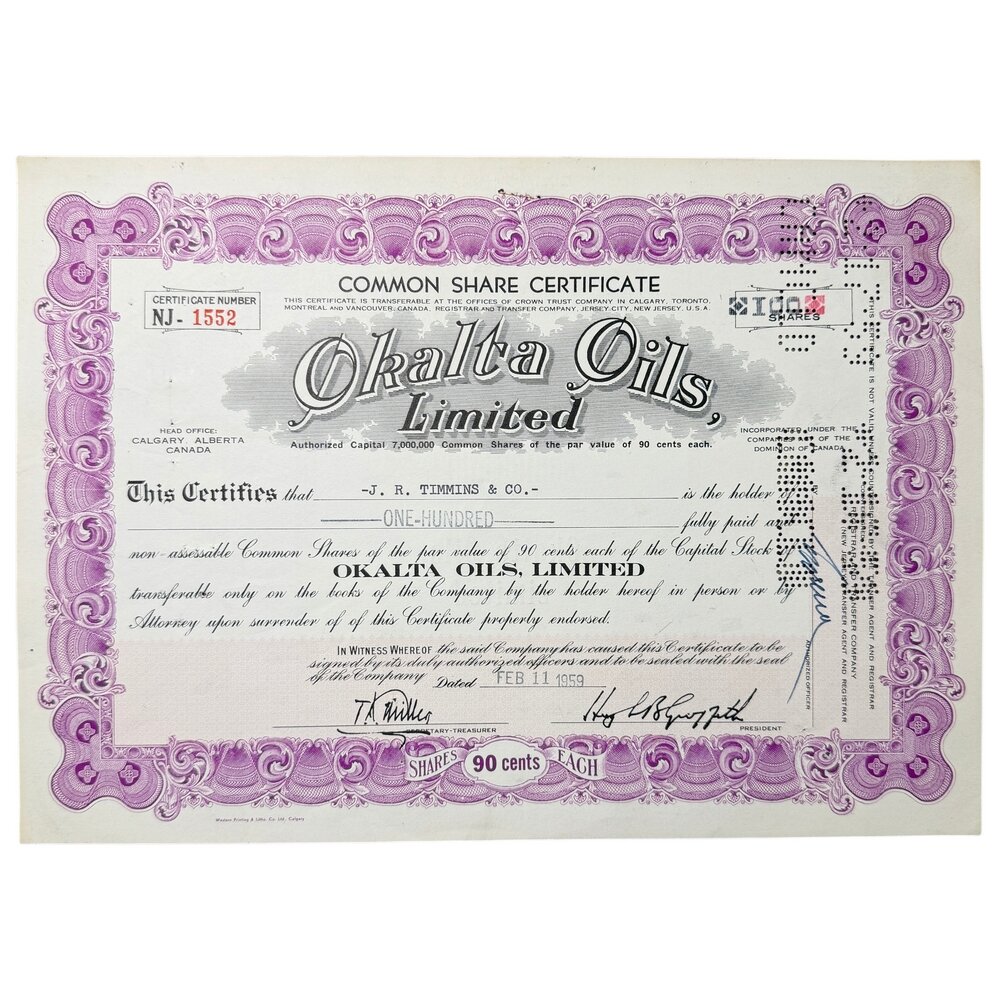 Канада, Okalta Oils, Limited, сертификат на 100 акций 1959 г. (Серия NJ)