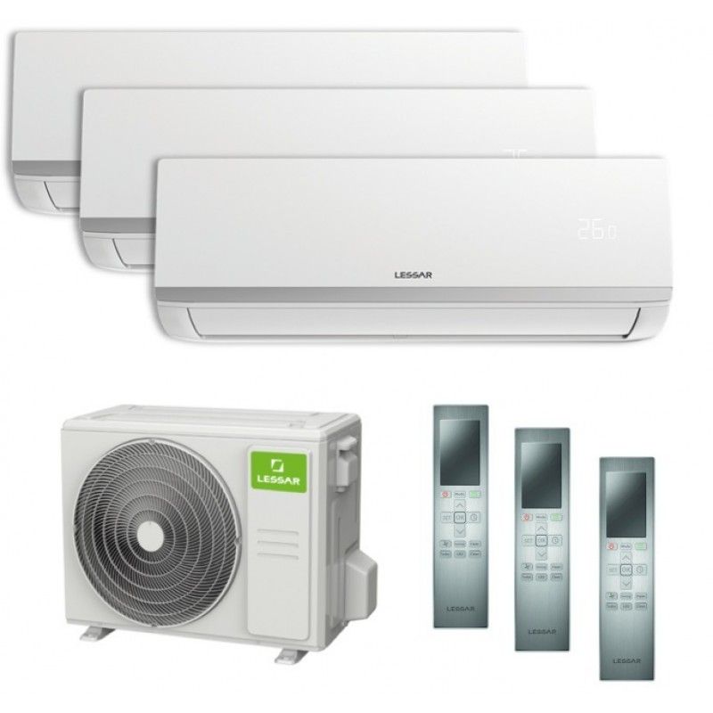 Мульти сплит-система LESSAR Flexcool на 3 комнаты 25+25+25м2, LS-MHE09KCE2*3шт+LU-3HE27FVE2 инвертор А++ до 79м2, обогрев до -15, ионизатор, i-feel, 3D поток от 25дБ, гарантия 4 г