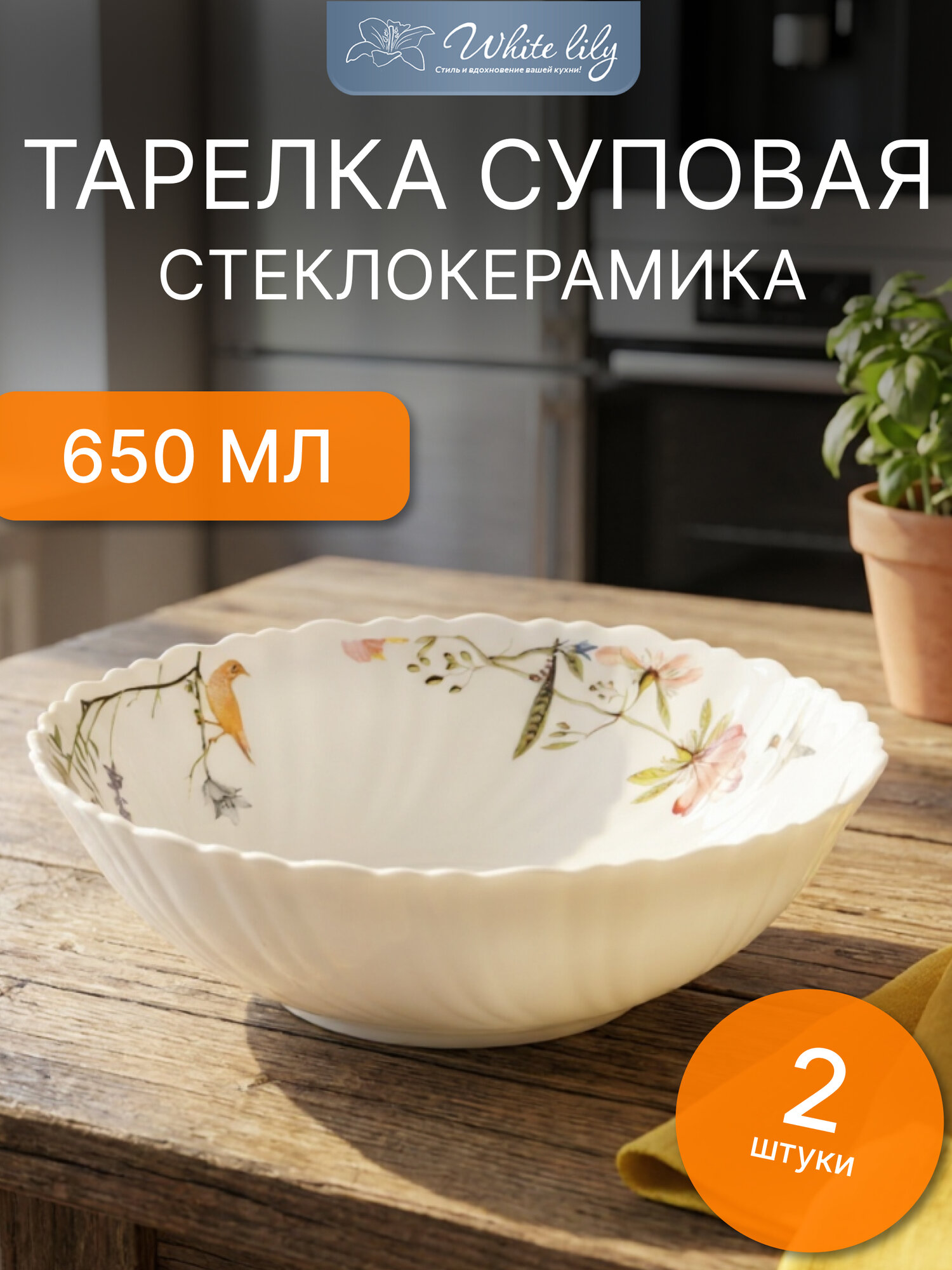 Набор глубоких суповых тарелок 650 мл 175 мм 2 штуки Колибри