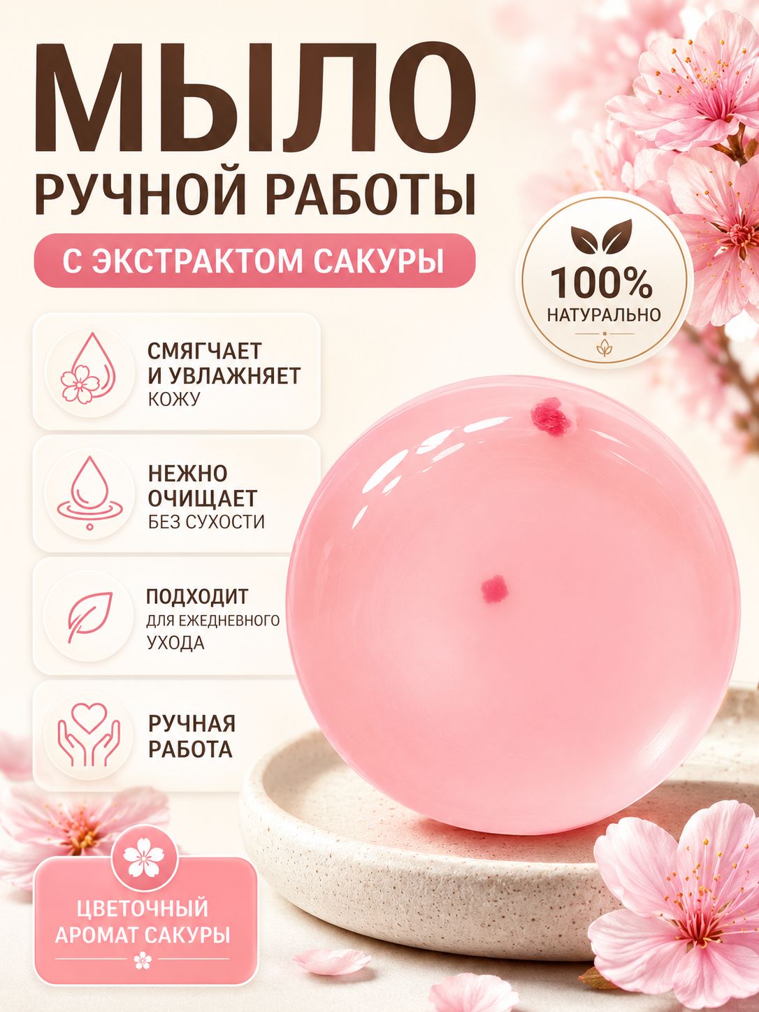 Мыло ручной работы с экстрактом сакуры, увлажняющее 100 г