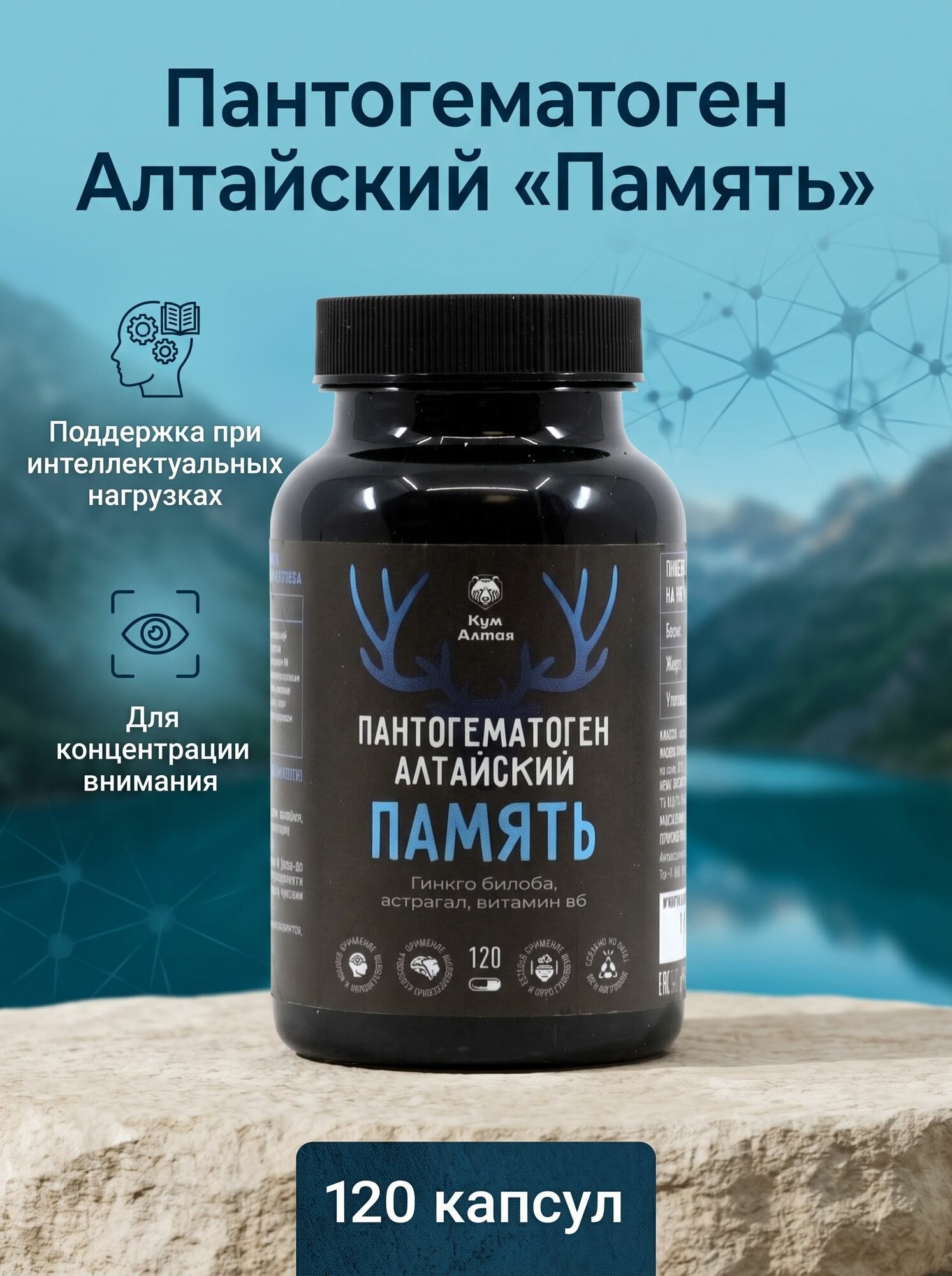 Пантогематоген Алтайский Память, 120 капсул. Для улучшения мозгового кровообращения, снижения переутомления и стресса